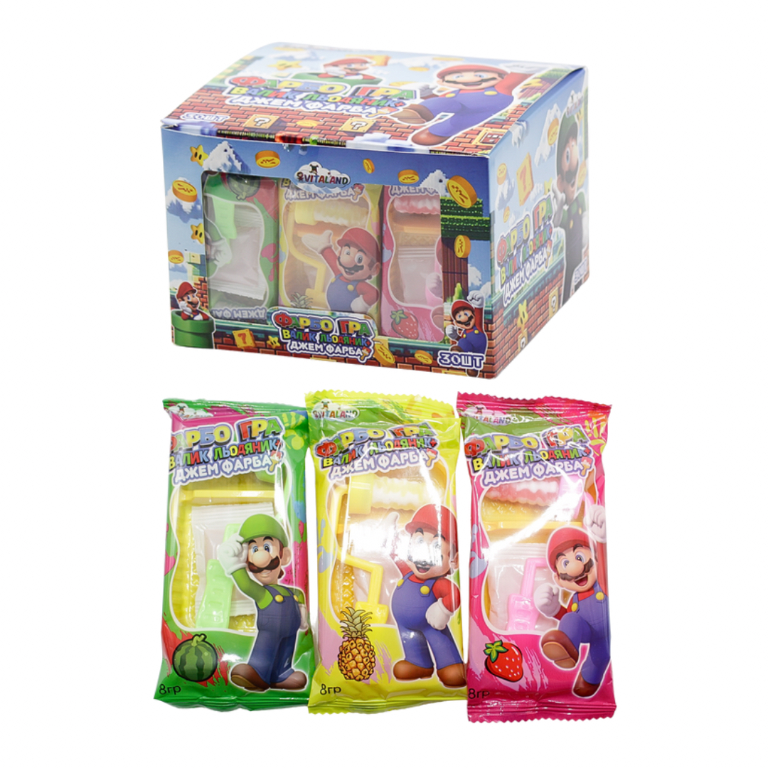 Льодяник + джем фарба Super Mario (льодяник валик+лоток+джем) 8гр 30шт ...